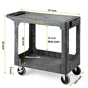 ELAFROS Heavy Duty Plastic Utility Cart Flat top 37 x 18.8 Inch - Work Cart Flat Shelves and Full Swivel Wheels Safely Holds up to 550 lbs - 2 Tier Service Cart for Warehouse,Garage, Cleaning Gray