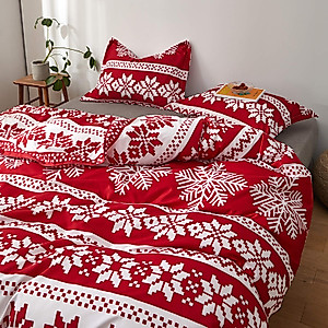 Joyreap 3 Pieces Christmas Duvet Cover Set, Red and White Reindeer Snowflake and Tree Pattern, Soft Breathable Microfiber for All Season, 1 Duvet Cover and 2 Pillow Shams (Full/Queen, 90x90 inches)