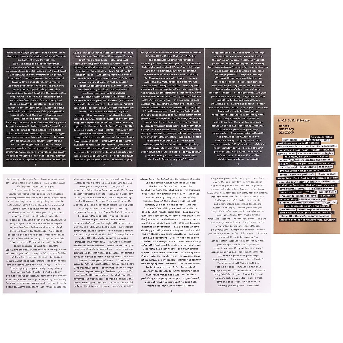ONLYKXY Stickers 8 Sheets, 80 Pcs Word Stickers Black and White, Inspirational Quotes for DIY Journal, Scrapbooking, Decorating, Crafting, Correspondence