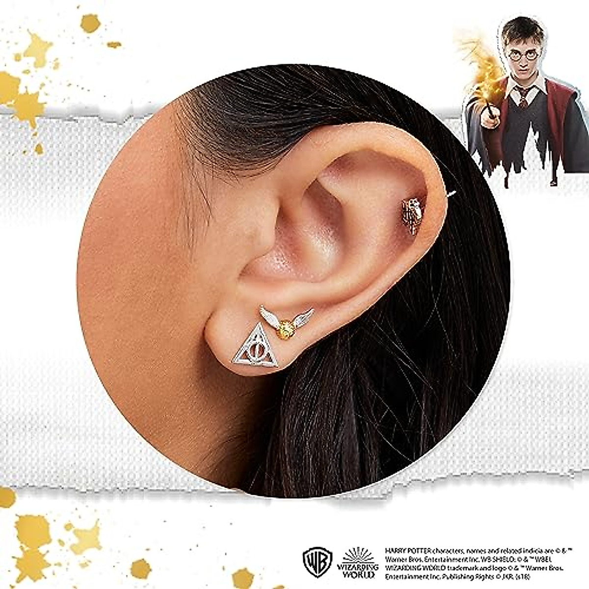 Harry Potter Jewelry, Stud Earrings Sets, 3 Pairs - HP, Deathly Hallows, and Golden Snitch, Gold Plated, Silver Plated