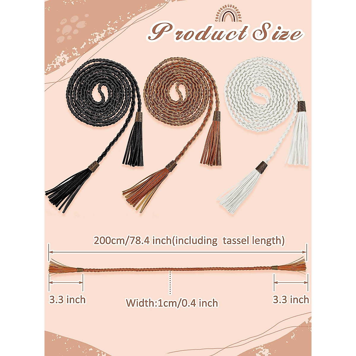 SATINIOR 5 Pieces Women's Tassel Braided Waist Belt Skinny Chain Belts PU Leather Braided Dress Belts Woven Rope Belts Skirt Dress, Christmas Party, Black, White, Beige, Camel and Brown, Different