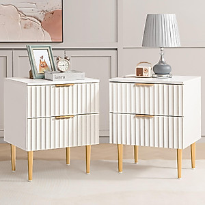 SICOTAS White Night Stand Set 2, Wide Fluted Nightstand with 2 Drawers, Modern Glossy Storage Bedside Table for Bedroom, End Side Table with Golden Metal Legs and Handles（2, White）