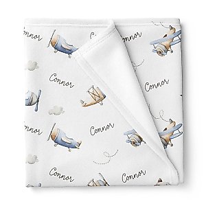 Stork Wares Retro Airplanes Personalized Baby Boy Swaddle Blanket, White, 30x40inch (BB343)