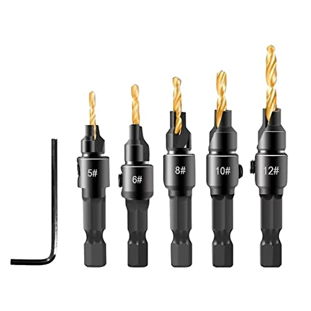 GRABOTE 5Pcs Countersink Drill Bit Set 1/4'' Hex Shank HSS Woodworking Pilot Screw Holes 5 Sizes (#5, 6, 8, 10, 12) with Hex Key
