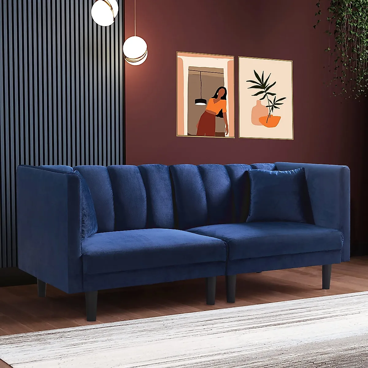 Lepfun Futon Bed Convertible Velvet, Modern Sleeper Sofa with 2 Pillows, 3 Adjustable Angles for Backrest,Living Room Couch with 7 Sturdy Metal Legs,Upholstered Loveseat for Home,Office,Navy Blue