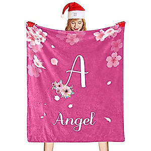 Custom Blanket with Name Text,Personalized Beautiful Pink Peach Blossom Rose Red Super Soft Fleece Throw Blanket for Couch Sofa Bed (50 X 60 inches)