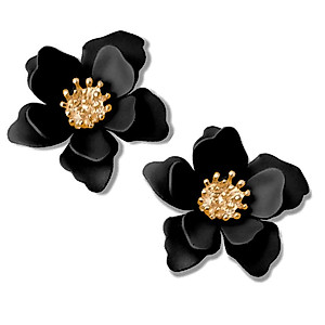 Chic Cute Boho Matte Flower Statement Stud Earrings with Gold Flower Bud for Women Sister Mom Lover and Friends (Black)
