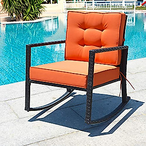 Tangkula Wicker Rocking Chair, Outdoor Glider Rattan Rocker Chair with Heavy-Duty Steel Frame, Patio Wicker Furniture Seat with 5” Thick Cushion for Garden, Porch, Backyard, Poolside (1, Orange)