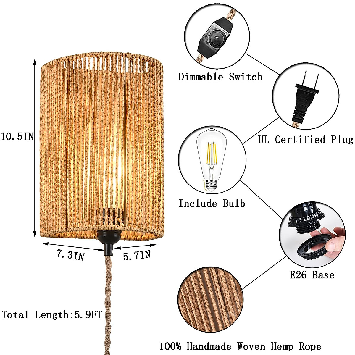 Rattan Plug in Wall Sconce Farmhouse Decor Set of Two,Boho Wall Lamp with Plug in Cord Set of 2,Dimmable Switch Wall Lights Fixture,Indoor Rustic Wall Mount Light Bedside for Bedroom Living Room Kids