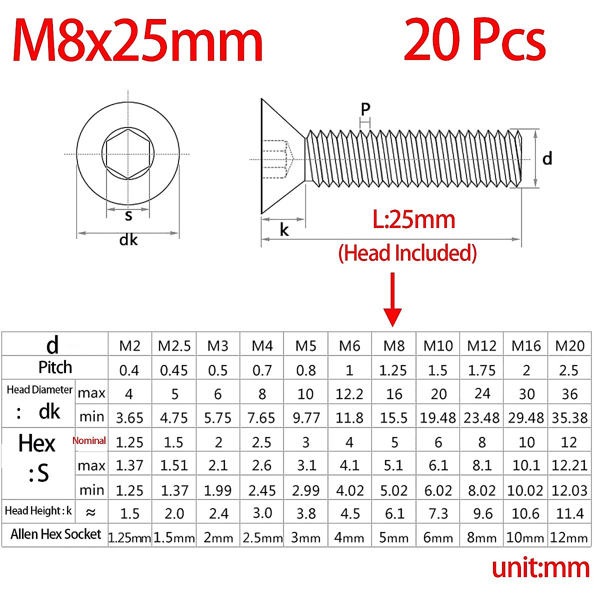 M8-1.25 x 25mm Flat Head Socket Cap Screws Bolts, Stainless Steel 18-8 (304), Bright Finish, Allen Socket Drive,Machine Screws Inner Hex Screw Fasteners Bolts 20 Pcs