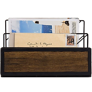 MyGift 2 Slot Black Metal Office Desktop Mail Holder Organizer with Burnt Solid Wood Base and Front Panel Accent, Document File Folder and Magazine Holder Rack