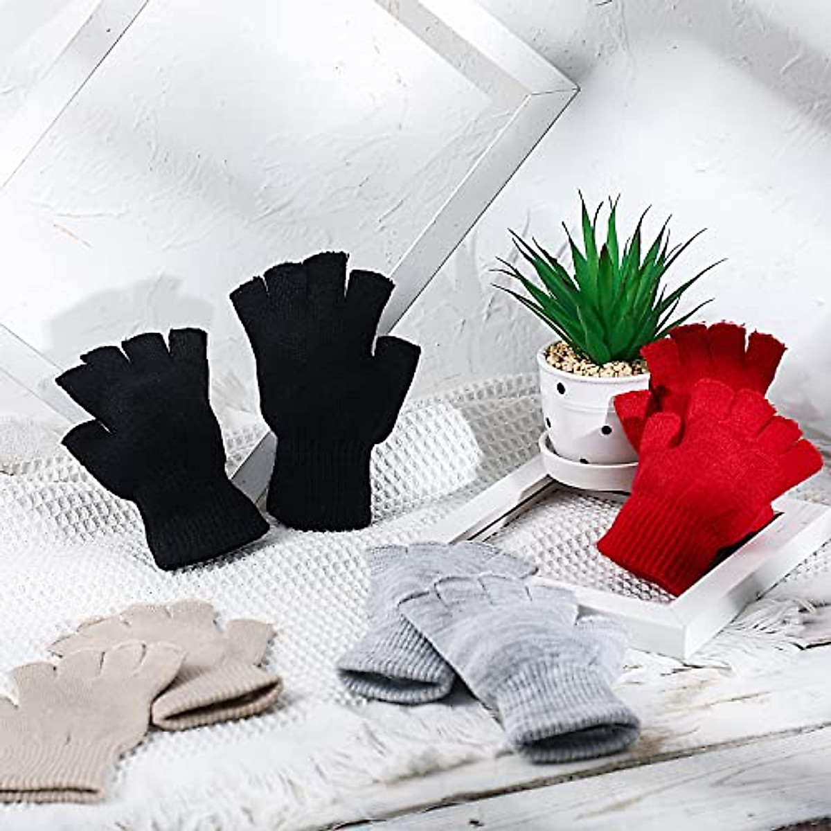 SATINIOR 4 Pairs Winter Half Finger Gloves Knitted Fingerless Mittens Warm Stretchy Gloves for Men and Women (Black, Red, Khaki, Light Gray)