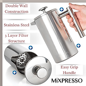 Mixpresso Stainless Steel French Press, 27 Oz, Double Wall Insulated, Mirror Finish, Thermometer Build On