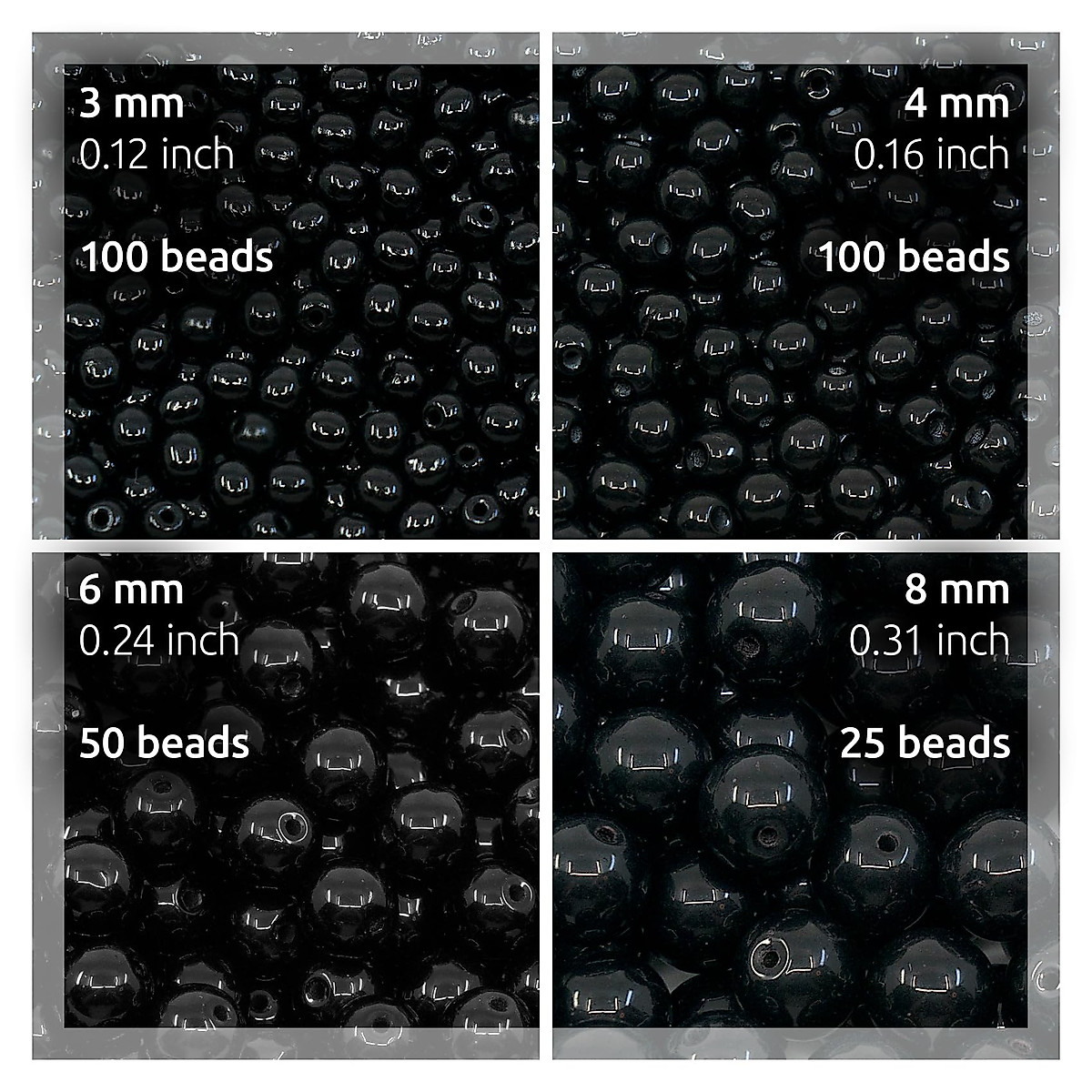 275 pcs Set of Czech Round Glass Beads, Jet Black - 3mm (100pcs), 4mm (100pcs), 6mm (50pcs), 8mm (25pcs) kit for Jewelry Making