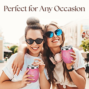 shop4ever Breast Cancer Awareness Pink Ribbon Heart Engraved Insulated Stainless Steel Wine Tumbler with Lid 12 oz. Gift for Her (Sparkly Pink)