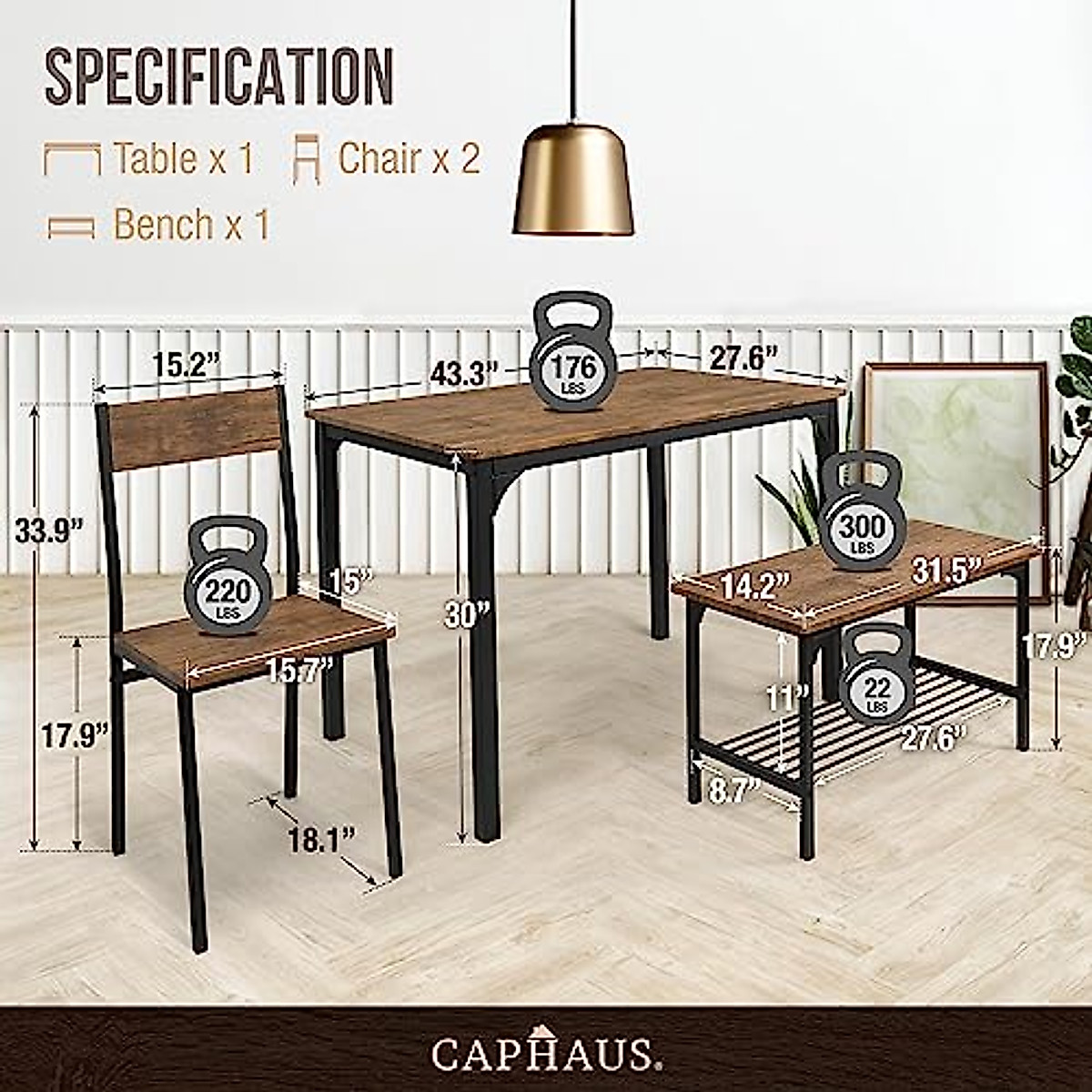 CAPHAUS 4 Pieces Dining Table Set for 4 w/Bench and Chairs, Modern Table Set for Dining Room, Home, Kitchen w/Storage Rack, Rectangle Table, Bench & Two Chairs, Space-Saving Dining Set, Teak Oak