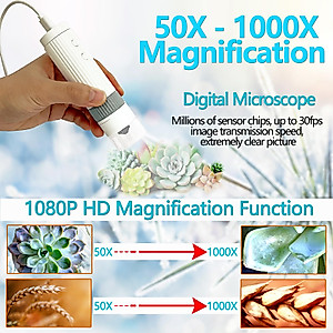 USB Digital Microscope, GUVOP 50X-1000X Handheld Pocket Microscopes Camera, 1080P HD Coin Microscope, Trichome Mini Camera Magnifier with 8 Adjustable LED, Compatible with Mac, PC View Windows- White