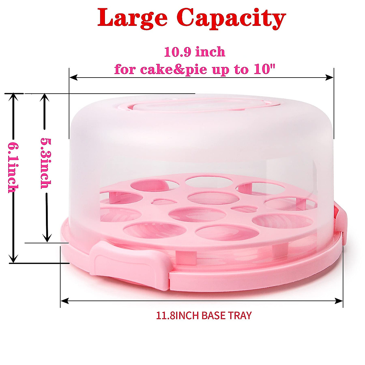 HOYA PONYOO Portable Cake Carrier with Handle, Round Cupcake Holder with Lid, Plastic Storage Container Box fit 10 inch Cake, 3-Locking Muffin and Pies Keeper with Cover (Pink)