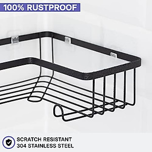 KINCMAX Corner Shower Caddy, Rustproof SUS304 Stainless Steel, Adhesive Wall Mount Double Baskets 2-pack with Built-in Hooks (Matte Black)