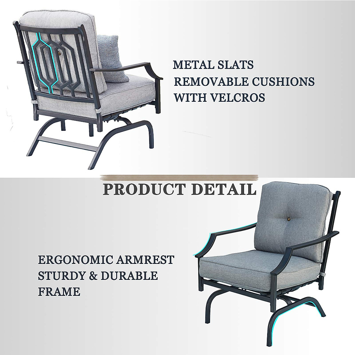 Festival Depot 3Pcs Patio Bistro Set of 2 Armchairs with Thick Cushions and Side Table with Ceramic-Like Top Metal Frame Outdoor Furniture for Deck Garden (Grey)