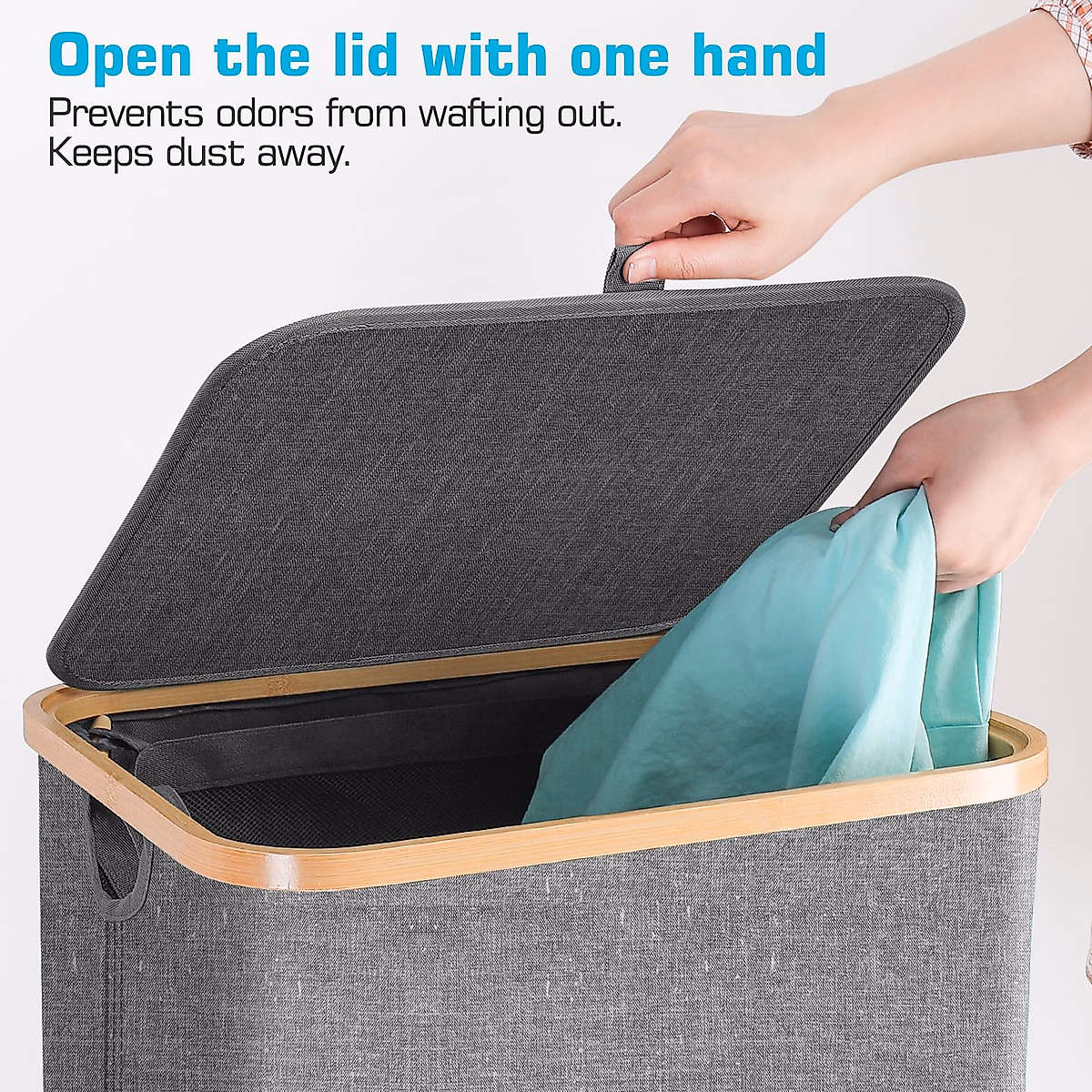 200L Laundry Hamper, HYSEYY 2-Pack Extra Large Laundry Baskets with Lid, Removable Inner Bags, Collapsible Rectangular Clothes Hamper, Laundry Organizer with Bamboo Handles for Laundry, Grey