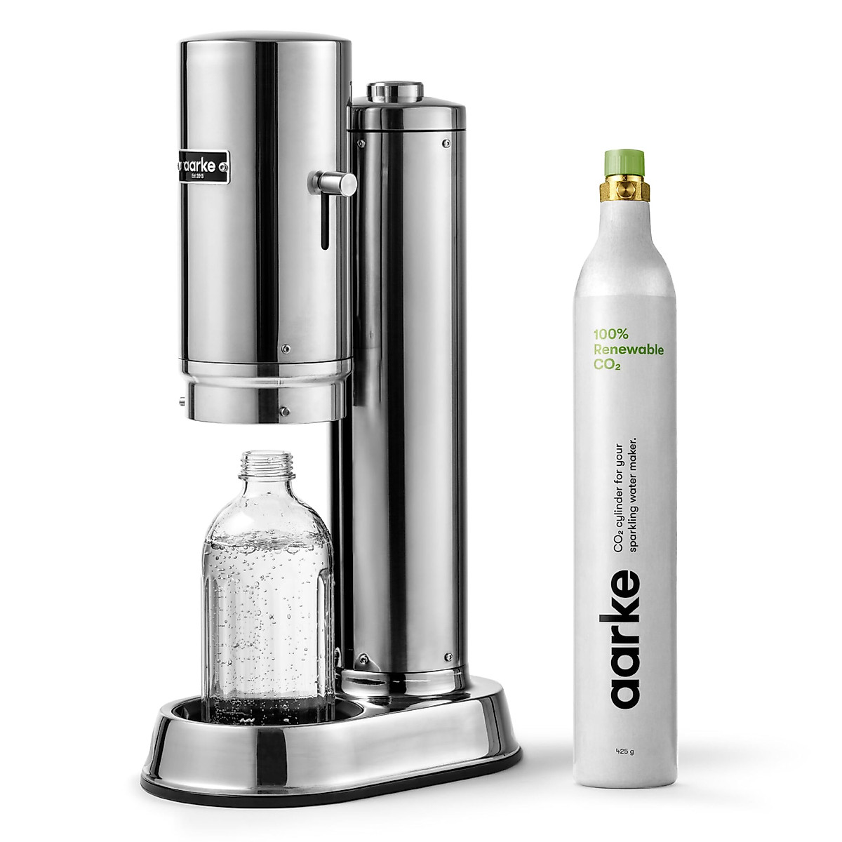 aarke Carbonator Pro, Sparkling & Carbonation Water Machine, Stainless Steel with Glass Reusable Bottle Volume 800 mL and CO2 Cylinder (Stainless)