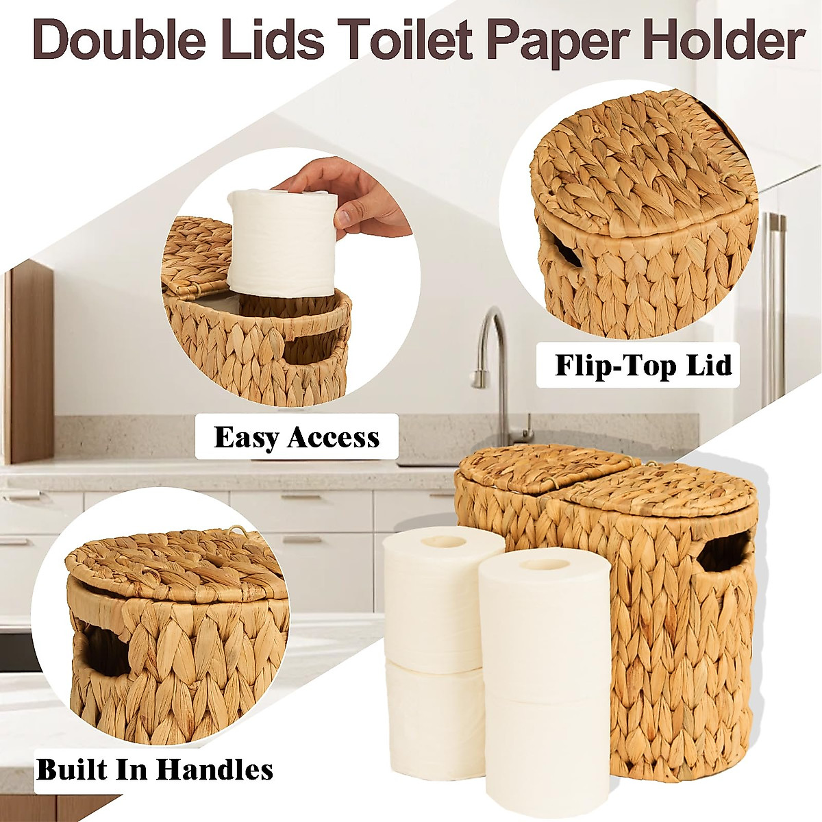 FairyHaus Wicker Toilet Paper Storage Basket with Lid & Handles, 4 Rolls Handwoven Toilet Paper Holder with Storage, Natural Water Hyacinth Toilet Paper Holder Stand Basket for Bathroom