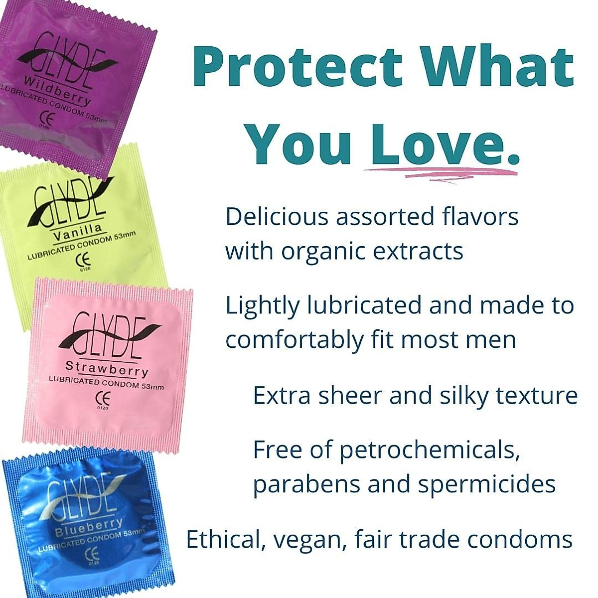 GLYDE Assorted Flavored Ultra Thin Condoms - 10 Count - Organic Flavor Extract, Ultra-Thin, Vegan, Non-Toxic, Medium Size Natural Rubber Latex, 53mm Yummy Standard Fit