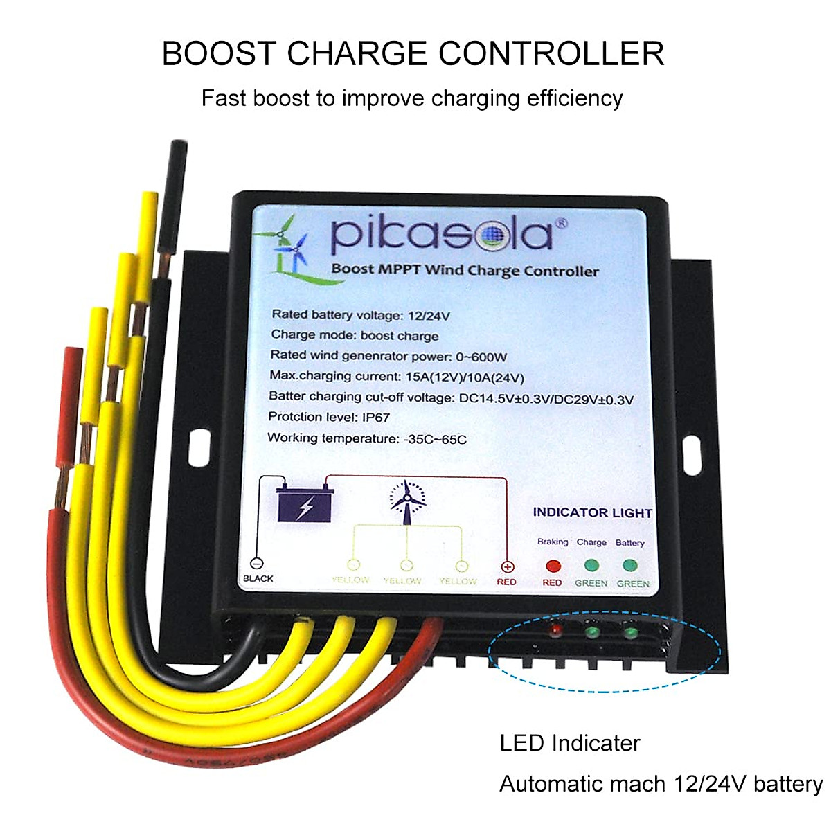 Pikasola MPPT Wind Turbine Charge Controller Wind Generator Controller, 12V/24V Auto Match MPPT Controller IP67 Waterproof, Suitable for 400Watt 600Watt Wind Turbine Generator