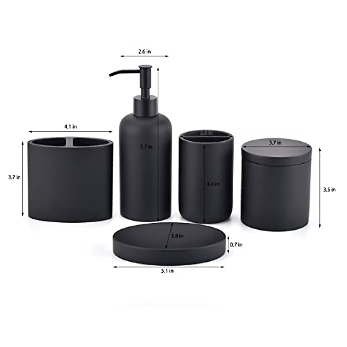 Rzoeox Bathroom Accessories Set Matte Black 5 Pcs, Resin Bathroom Sets Accessories Modern with Soap Dispenser, Cotton Swab Canister, Toothbrush Holder, Toothbrush Cup,Soap Dish (Matte Black)