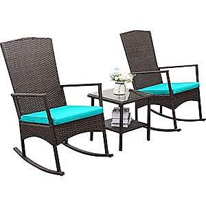 Outdoor PE Wicker Rocking Chair 3-Piece Patio Rattan Bistro Set 2 Rocker Armchair and Glass Coffee Side Table Furniture, Washable Lacing Cushion (Turquoise)