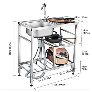 Commercial 304 Stainless Steel Sink with Console & Shelf,Multifunctional Standing Utility Sinks for Laundry Room, Backyard, Garages (Color : B)