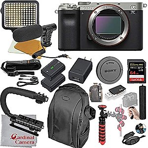 Sony Alpha a7C Mirrorless Digital SLR Camera Body Only Video Bundle (Silver ILCE7C/S) + LED Video Light + Microphone + Extreme Speed 64GB Memory (20pc Bundle)