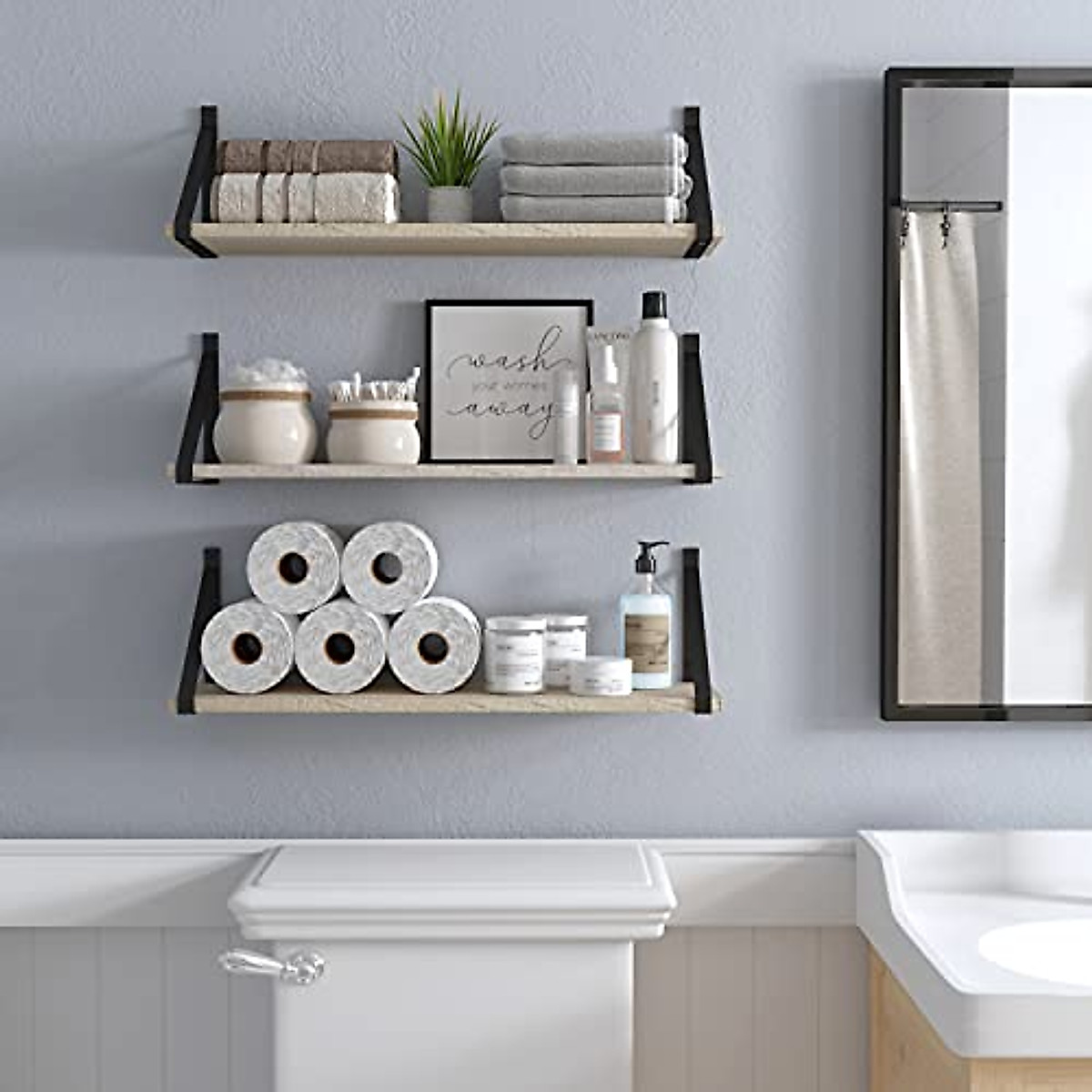 Wallniture Bora Floating Shelves for Wall Storage, 24"x6" Floating Bookshelf Set of 3, Natural Wood Wall Shelves for Living Room, Bedroom, Bathroom, Kitchen