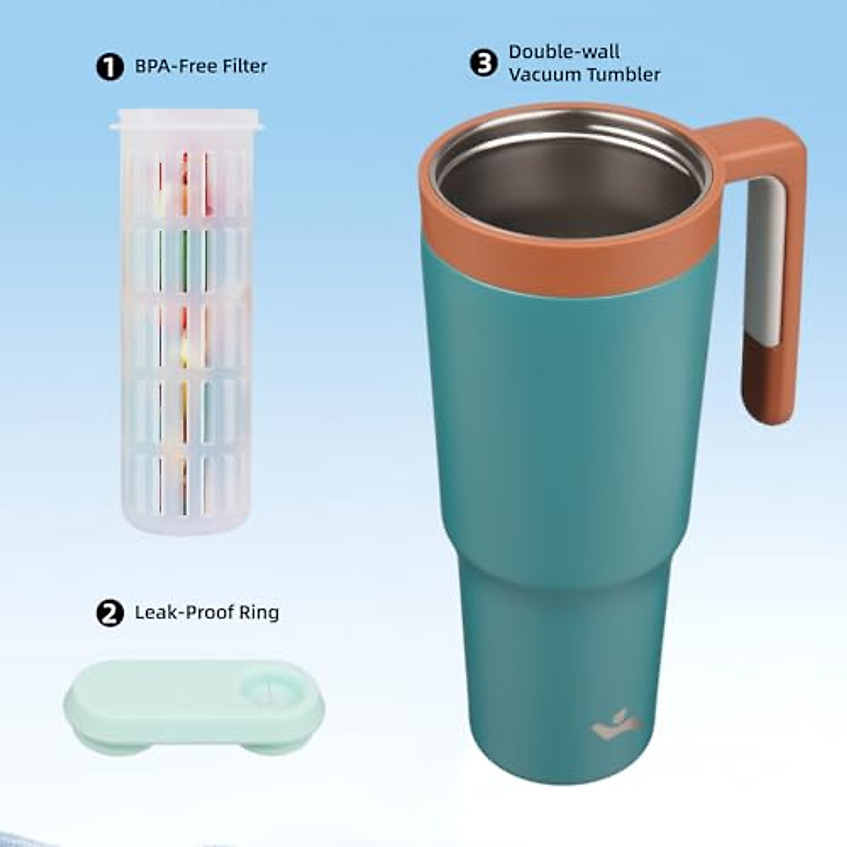 Konokyo Insulated Tumbler with Handle and Straw,40 OZ Vacuum Stainless Steel Water Bottle Travel Mug Metal Cup with Fruit Diffuser,Lake Blue
