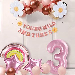 Young Wild and Three Decorations Girl Banner,3rd Birthday Party Decorations,Groovy Retro Hippie Boho Daisy Flower Rainbow And Pink Stars Foil Balloon For Birthday Party Supplies