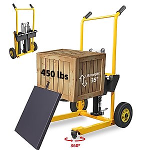 LuminaLiftCure Foldable Hydraulic Material Lift Winch Stacker with Swivel Wheels, 450lbs Pallet Forklift with 35" Lift Height, Pallet Truck Dolly, Pallet Jack Table Cart, Steel Platform Board x 1
