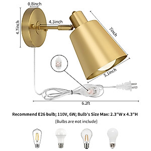 TISLYCO Plug in Wall Sconces Set of Two, Dimmable Wall Sconces with Plug in Cord Adjustable Angle Wall Lights with Dimmer Rotary Switch, Brass Wall Mounted Light Wall Lamp for Bedroom Bedside Desk