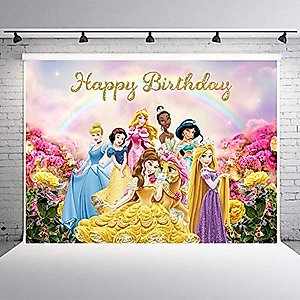 BWW Princess Happy Birthday Backdrop Colorful Rainbow Flowers Photo Backdrop Fairy Tale Little Girl Princess Birthday Party Background Multicolor Glitter Photography Background 5x3ft