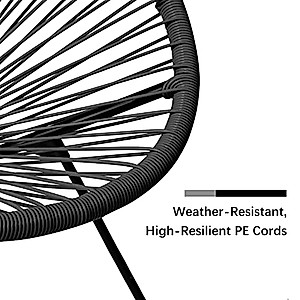 Arlopu 3-Piece Outdoor Acapulco Chairs Patio Conversation Bistro Set, with Plastic Rope, Glass Tabletop, All-Weather Rattan Woven Rope Mid-Century Modern Style Furniture Chat Set (Black)