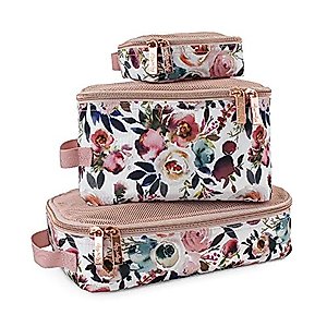 Itzy Ritzy Packing Cubes for Travel – Set of 3 Packing Cubes or Travel Organizers; Each Travel Cube Features a Mesh Top, Double Zippers and a Fabric Handle (Blush Floral)