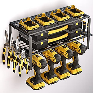 FUHUIM Power Tool Organizer, Drill Holder Wall Mount, Cordless Drill Storage Rack, Heavy Duty Metal Drill Charging Station, Floating Tool Shelf for Power Tools, Cordless Drill Storage