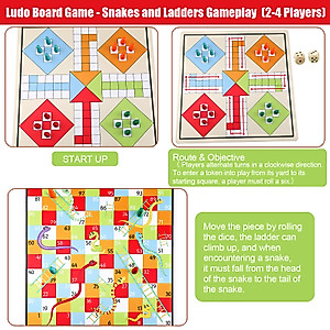 2 in 1 Snakes and Ladders, Ludo Game Set, 12 x 12 Inch Ludo Board Game 2-4 Players Family Dice Games Set Classic Double Sided Game Board for Adults and Teens, with 2 Wooden Dices and 16 Game Pieces