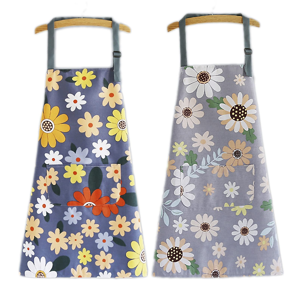 2 Packs Kitchen Bib Aprons for Women with Pockets Cute Sunflower Floral Blue Grey Adjustable Cotton Canvas Flower Chef Cooking Apron for Cooking Baking Gardening Birthday Gifts for Mom Wife Grandma