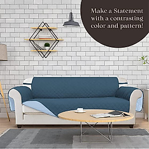 VANELUX Reversible Washable Sofa Slipcover Soft Quilted Water Resistant Couch Cover with Non Slip Foam and Elastic Straps Protector for Pets, Cats, Dogs, Kids(Blue/Light Blue, 4 Seater Sofa 88")