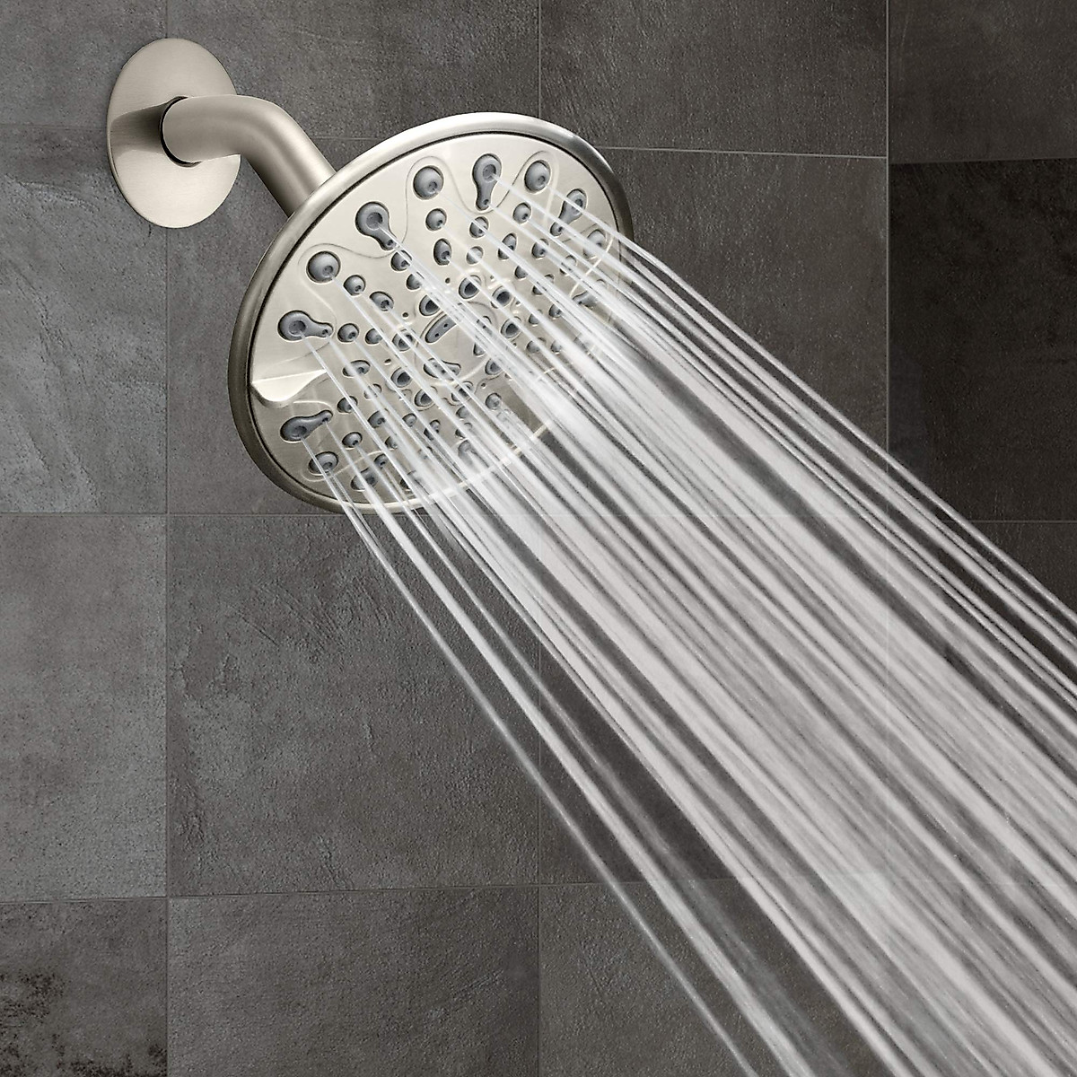 ShowerMaxx, Elite Series: Brushed Nickel Rain Shower Head, 6 Inch 6 Spray Settings Adjustable Rainfall Showerhead with 360 Degree Tilt, Experience MAXX Comfort and Elegance (Brushed Nickel)