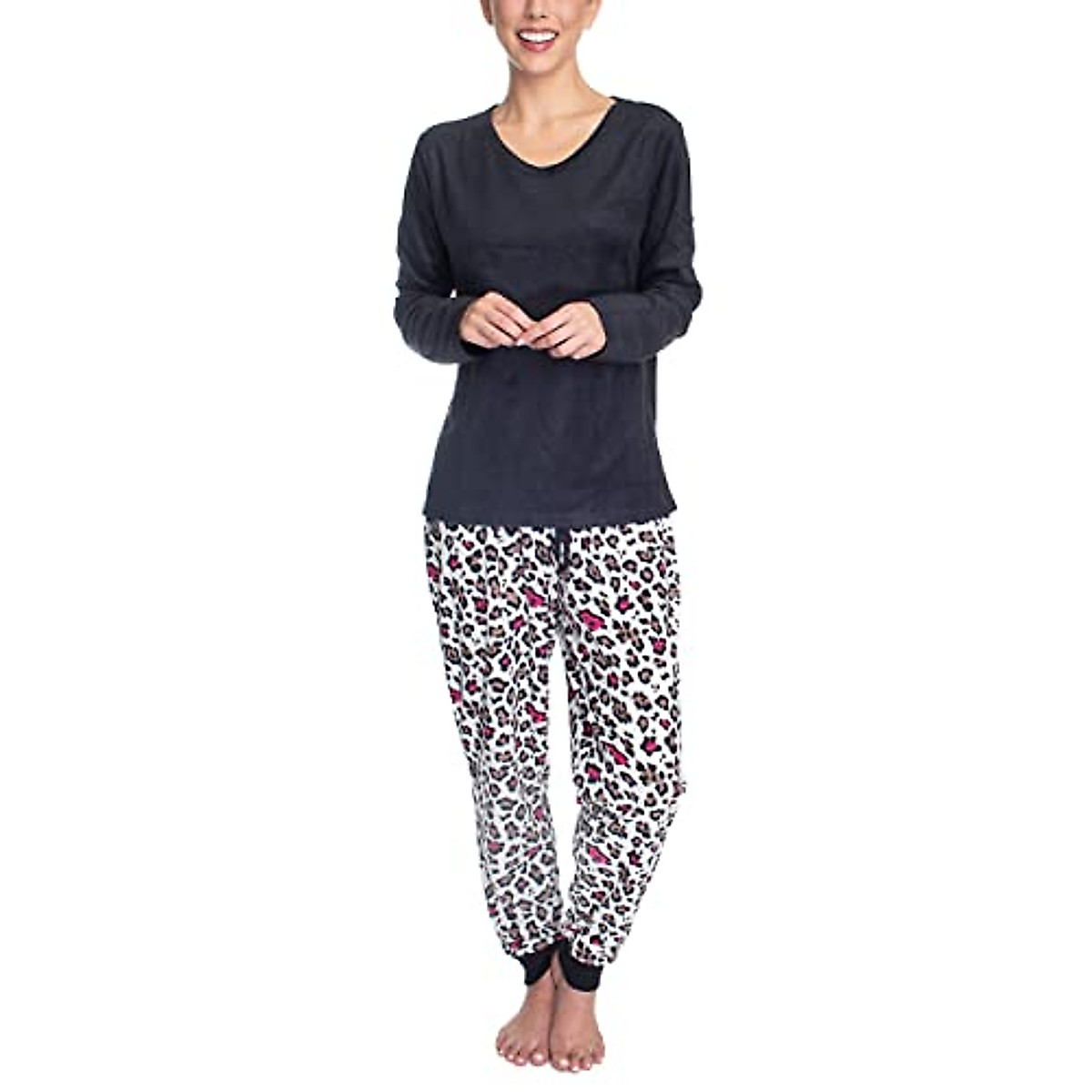 Hanes Women's Cozy Up Jogger 2 Piece Set Top and Jogger Pajamas, Black/Leopard, X-Large