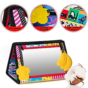 beetoy Baby Tummy Time Mirror Black and White High Contrast Mirror Toys with 10 Flash Cards 2 Teether, Developmental Timmy Time Toys for Newborn Infant 0 3 6 Months Gift