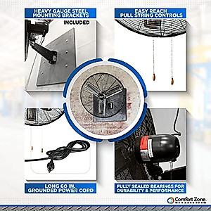 Comfort Zone CZHVW30EX 30” 2-Speed Oscillating High Velocity Industrial Wall Fan, All-Metal Construction, Adjustable Tilt, Steel Mounting Bracket with Adjustable Angle, Aluminum Blades, Black