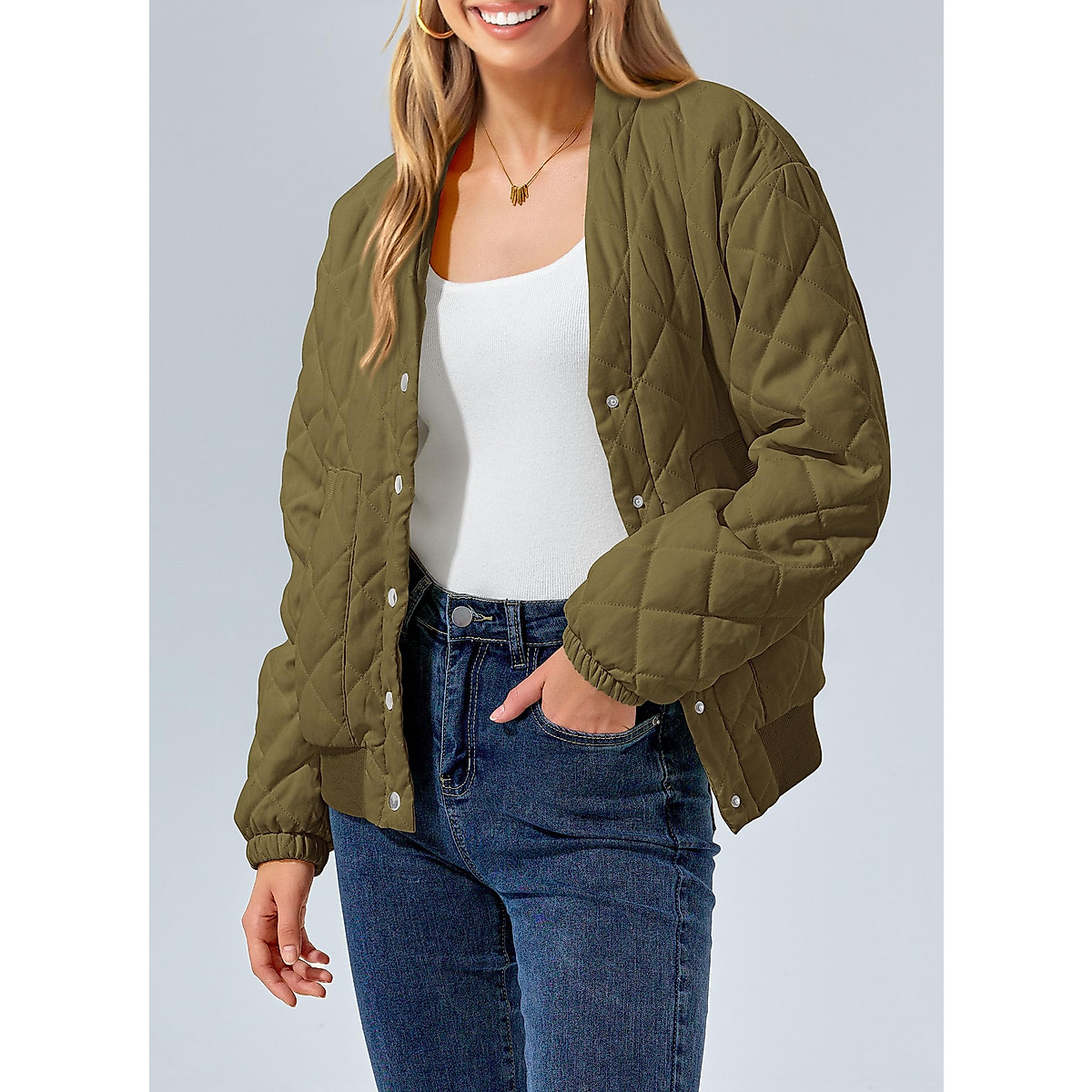 PRETTYGARDEN Women's 2024 Winter Trendy Jackets Button Down Long Sleeve Padded Warm Outerwear Fashion Coats with Pockets (Army Green,Small)